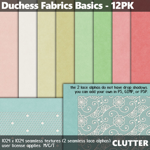 Second Life Marketplace - Clutter - Duchess Fabrics Basics - 12PK